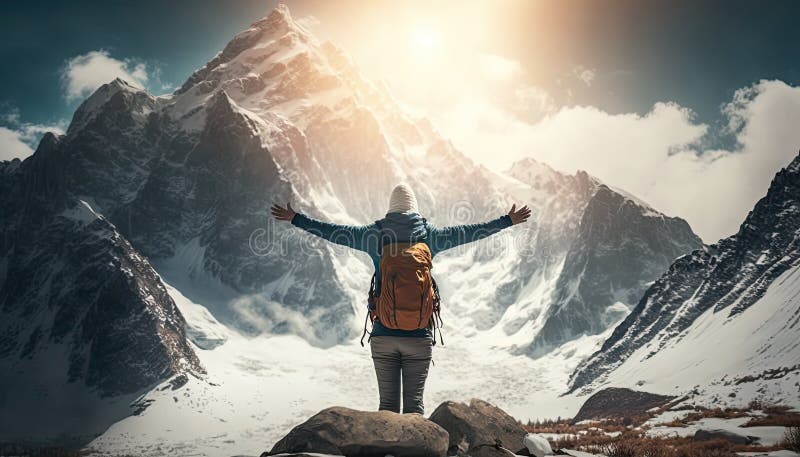 Rear View of Backpacker on the Top of Moutain, Beautiful View. Stock ...