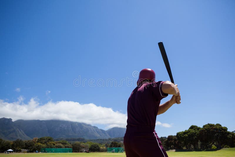Rear View of Baseball Player with Bat at Field Stock Image - Image of ...