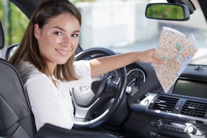 Rear View Beautiful Smiling Woman Holding Road-map Stock Photo - Image ...