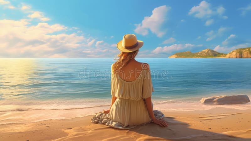 Rear View of a Beautiful Woman Sitting on the Beach. Generative AI ...