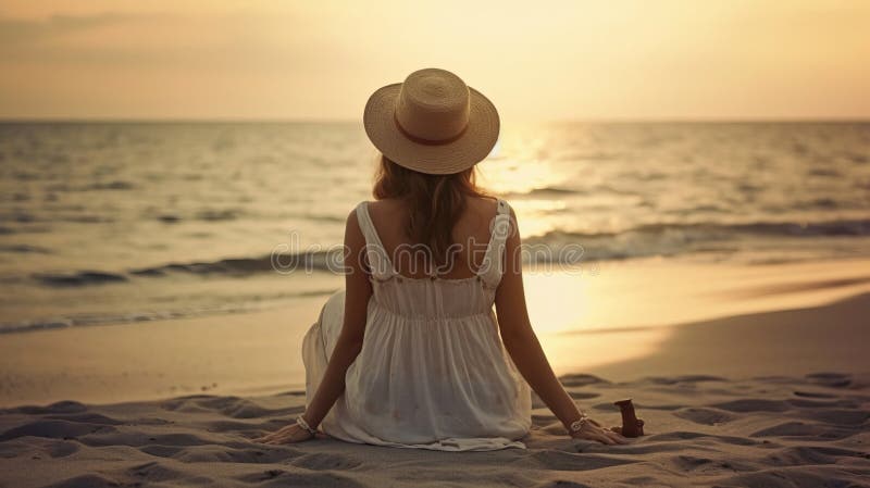 Rear View of a Beautiful Woman Sitting on the Beach. Generative AI ...