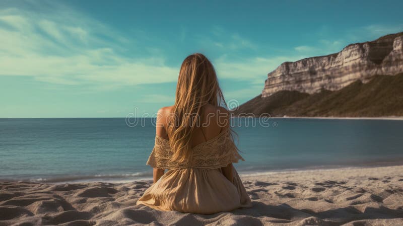 Rear View of a Beautiful Woman Sitting on the Beach. Generative AI ...