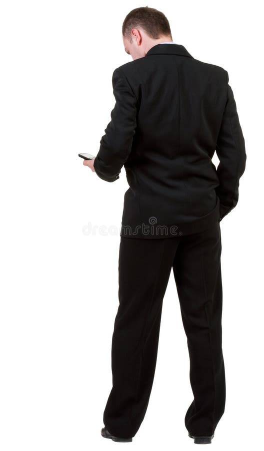 Rear View Of Business Man In Black Suit Talking On Mobile Phon Stock ...