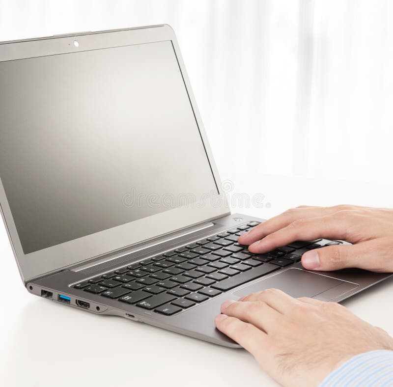 Rear View of Business Man Hands Busy Using Laptop at Office Desk Stock ...
