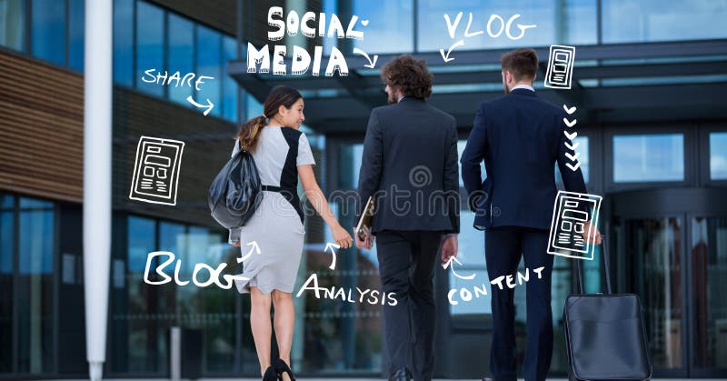Rear View of Business People with Icons Outside Office Stock Image ...