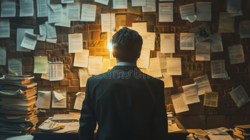 Rear View of Busy Businessman Surrounded by Papers and Documents in ...