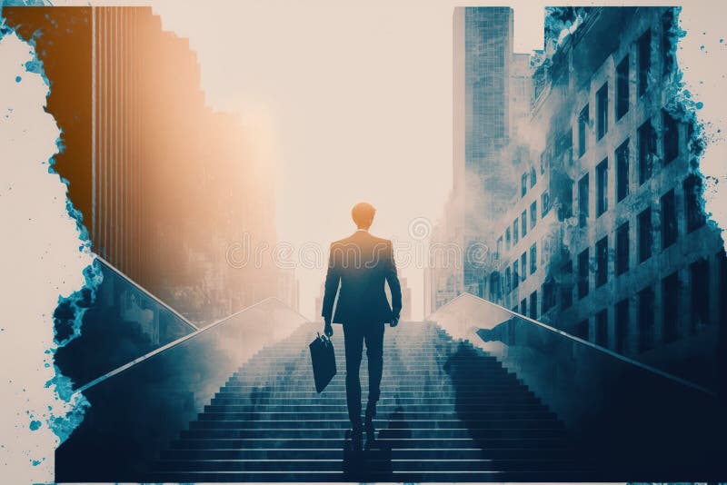 Rear View Businessman Climbing Stair Concept With Double Exposure