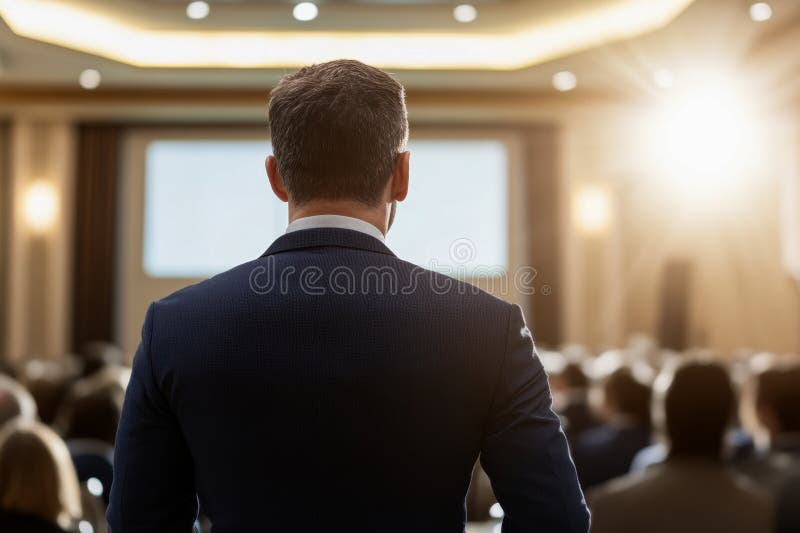 Rear View of a Businessman in a Crowded Conference Room with a Blank ...