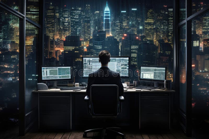 Rear View of Businessman Looking at Night City and Using Desktop ...