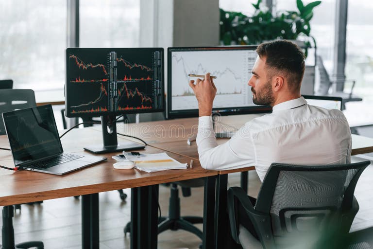Rear View. Businessman is Sitting by Computer and Working in the Office ...