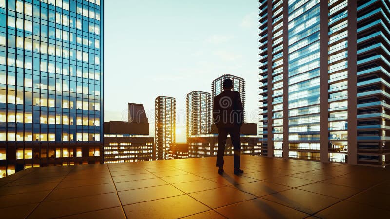 Rear View Businessman Standing on Rooftop at Sunset 3D Animation Stock ... Rear View Businessman Standing on Rooftop at Sunset 3D Animation Stock ...
