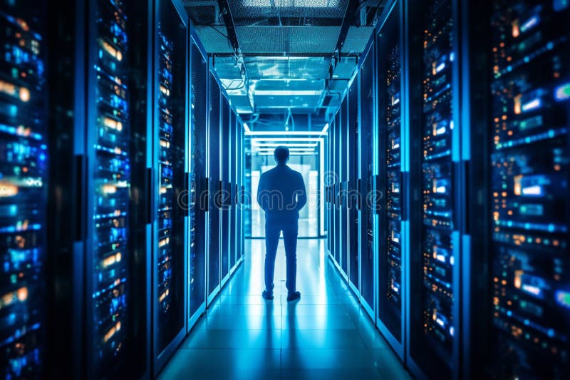 Rear View of Businessman Standing in Server Room and Looking at Data ...
