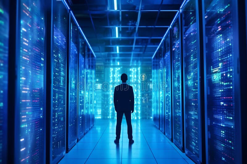Rear View of Businessman Standing in Server Room and Looking at Data ...