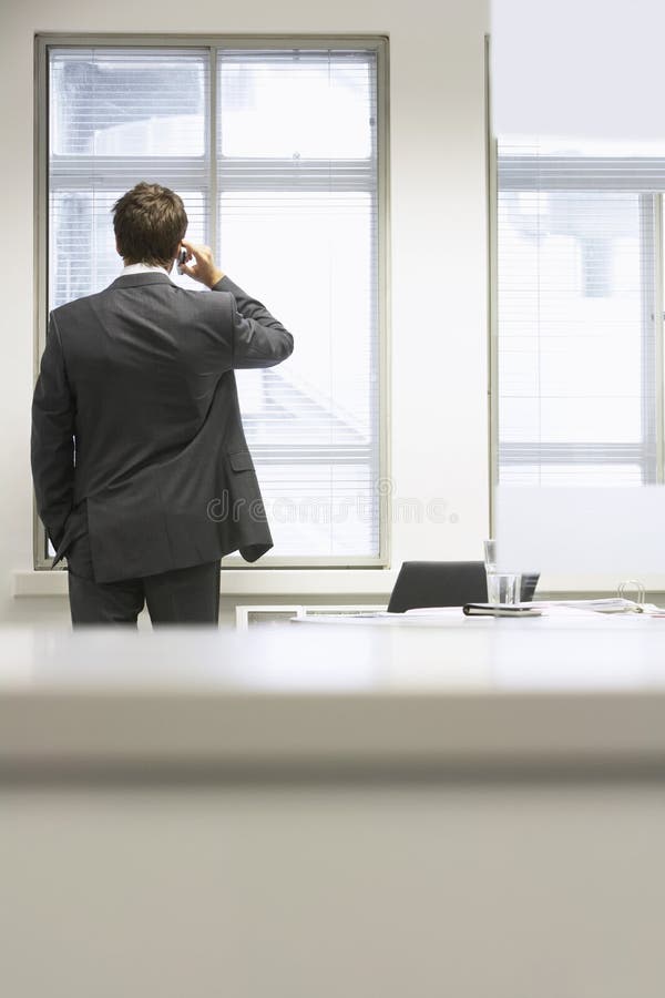 Rear View of Businessman Using Cellphone Stock Photo - Image of indoors ...