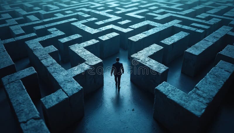 Rear View of Businessman Walking in Stone Maze. Difficult Decision ...