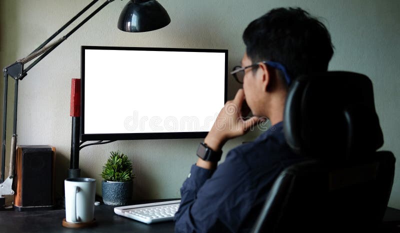 Back View of Young Businessman Working on New Project with Computer ...