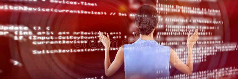 Composite Image of Rear View of Businesswoman Gesturing while Using ...