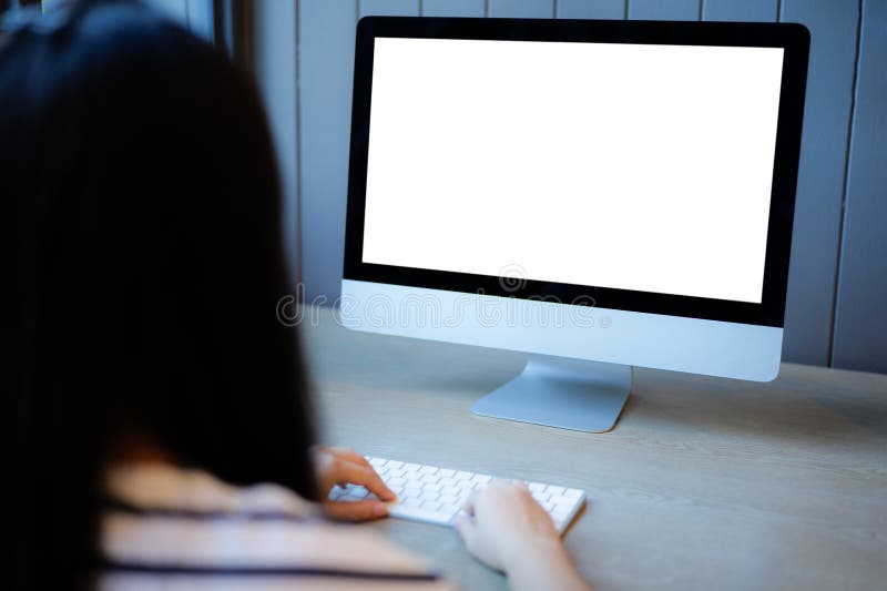 Rear View of Businesswoman. she Hands Busy Using Computer at Office or ...