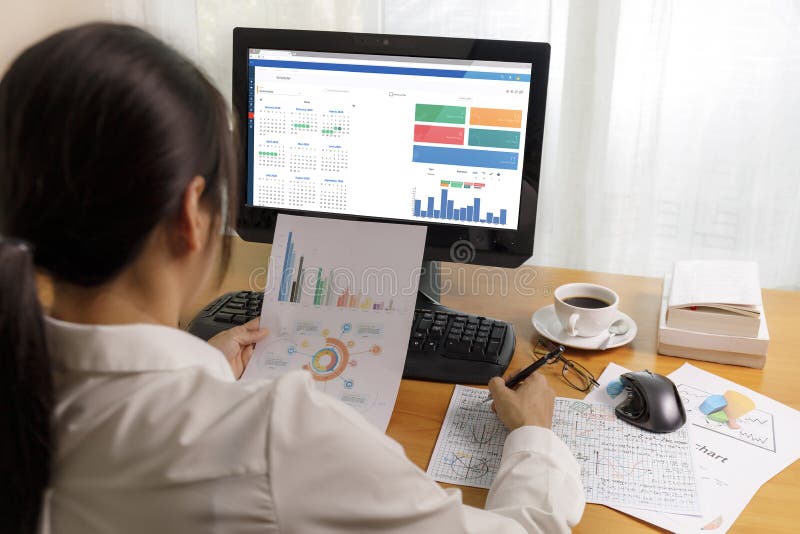 Rear View of Businesswoman Working in Office with Computer Holding ...