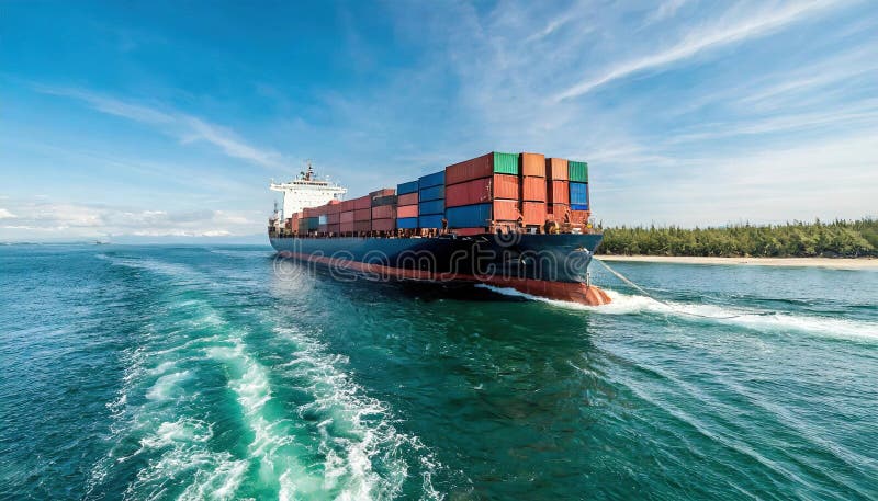 Rear View of Cargo Maritime Ship with Contrail in the Ocean Ship ...