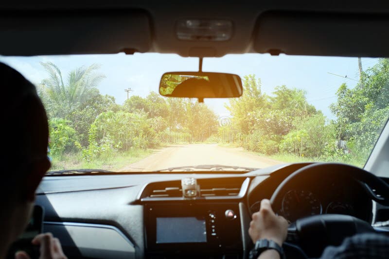 Rear View of Caucasian Man Driver Holding Steering Wheel Stock Image ...