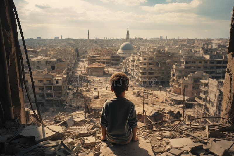 Rear View of Child Looking at City Devastated by War Stock Illustration ...