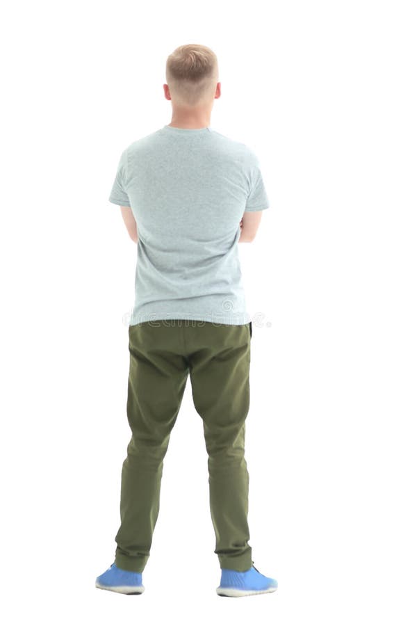 Rear View. Confident Casual Guy Looking at White Screen Stock Image ...