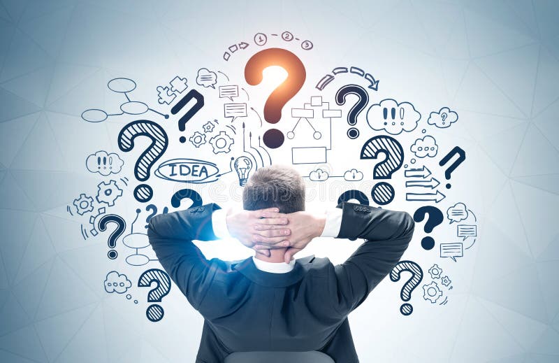 Confident Businessman Looking at Question Marks Stock Photo - Image of ...