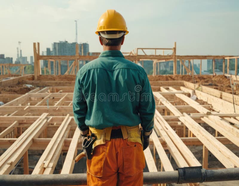 Rear View of a Construction Worker in Protective Uniform while Working ...