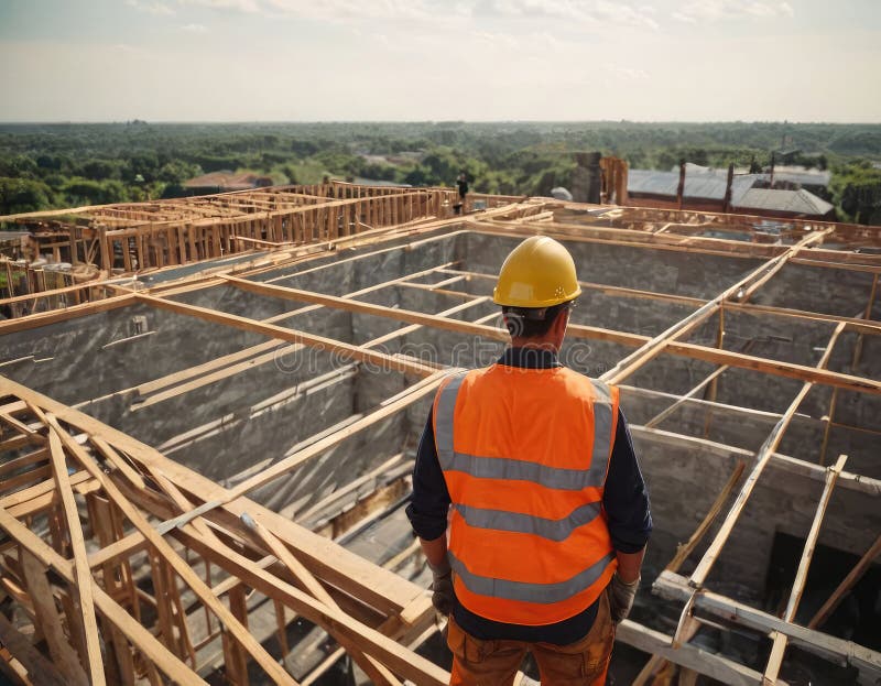 Rear View of a Construction Worker in Protective Uniform while Working ...