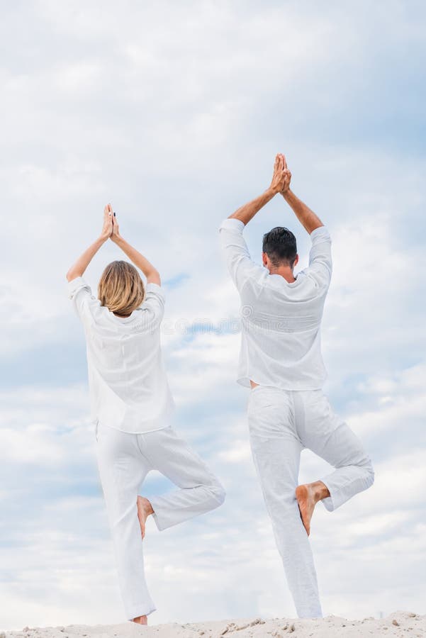 Rear View of Couple Practicing Yoga in Tree Pose Stock Photo - Image of ...