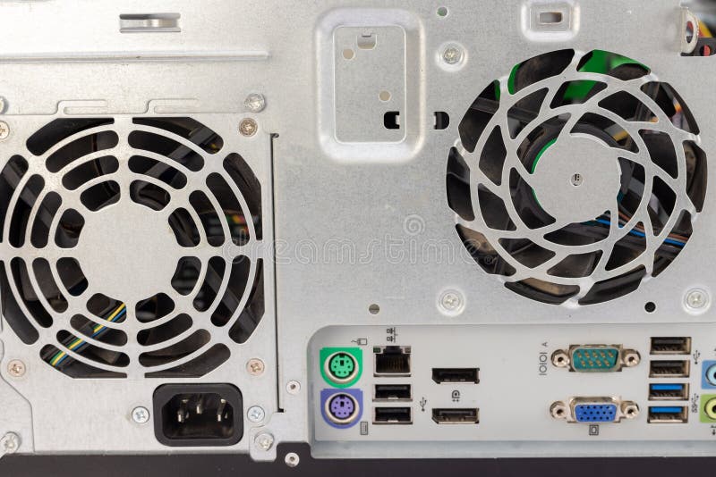 Rear View of a Desktop Computer Ports and Cooling Fans Stock Image ...