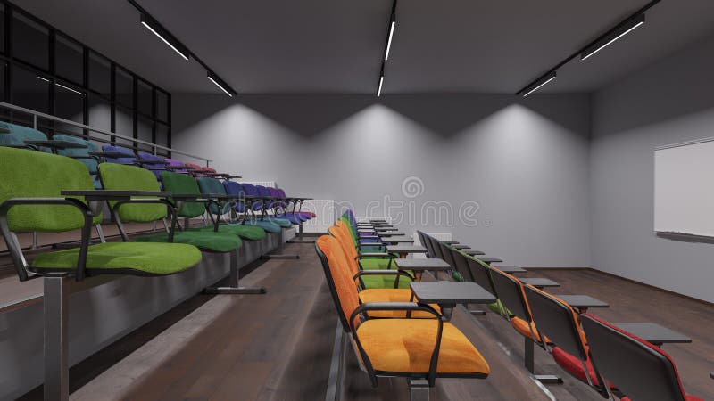 Rear View of a Dimly Illuminated Lecture Hall Behind the Windows Stock ...