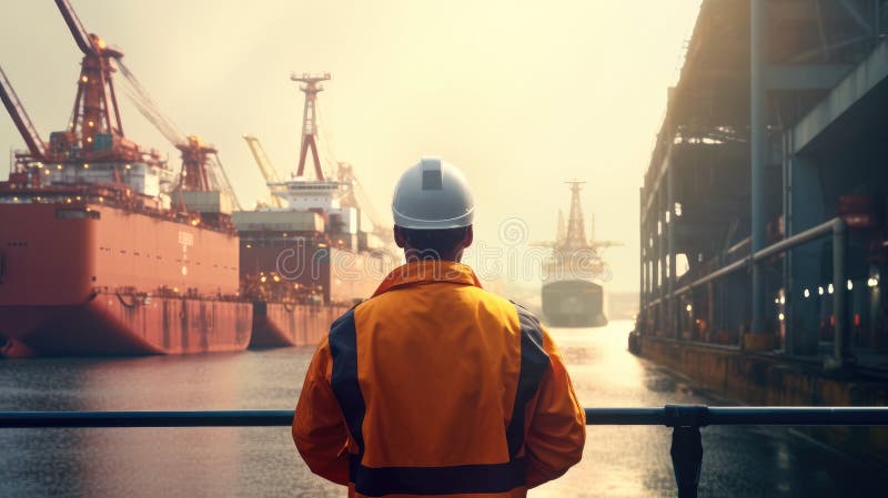 Rear View of Dock Workers Standing in Shipyard, Industry with Cargo ...