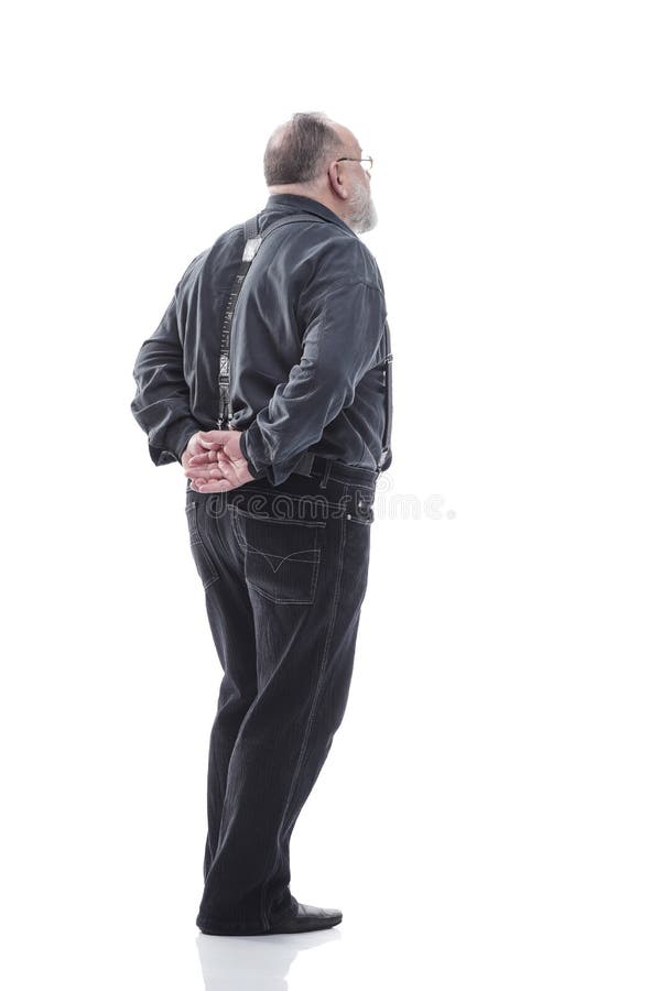 Elderly Bearded Man Looking at a White Screen. Isolated on a White ...
