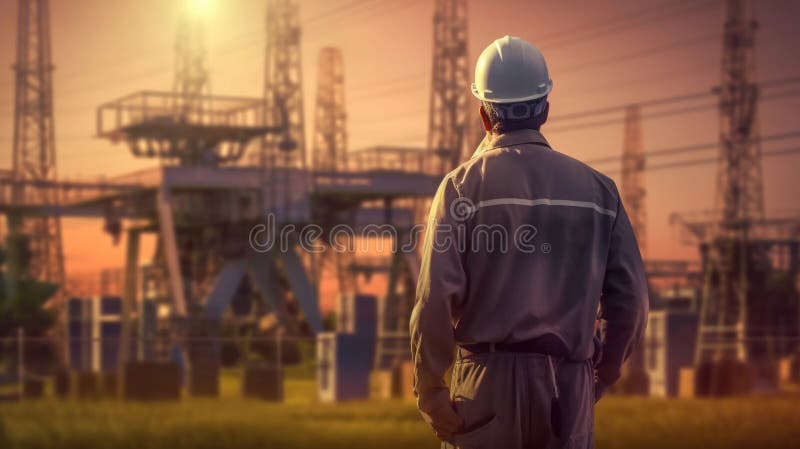 Rear View of an Electrical Engineer in a Hard Hat Standing in Front of ...