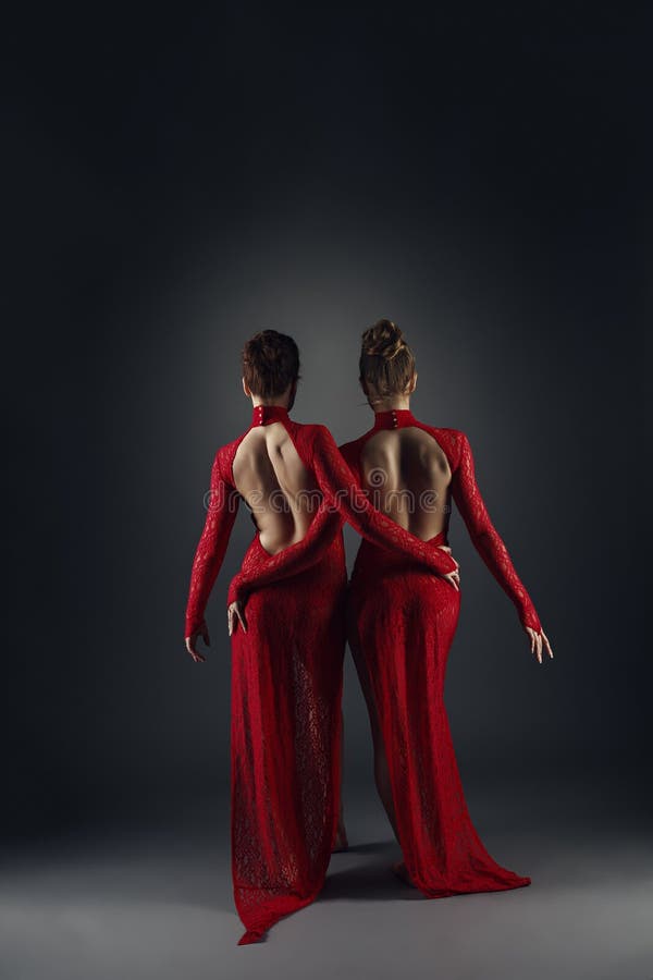 Rear View on Elegant Dancers in Long Lace Dresses Stock Image - Image ...