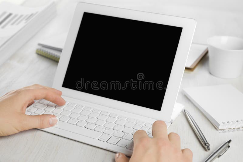 Rear View of Employee Hands Working on Tablet Computer Keyboard Stock ...
