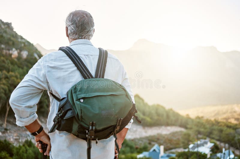 . Rear View of Exploring, Active and Adventure Senior Man Standing with ...