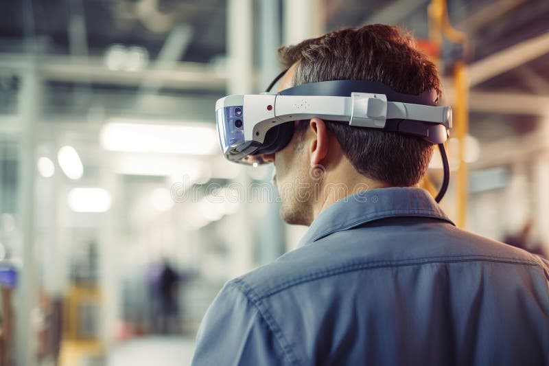 A Back View of a Factory Worker Engaging with a VR Headset for Training ...