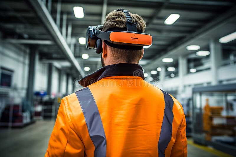A Back View of a Factory Worker Engaging with a VR Headset for Training ...