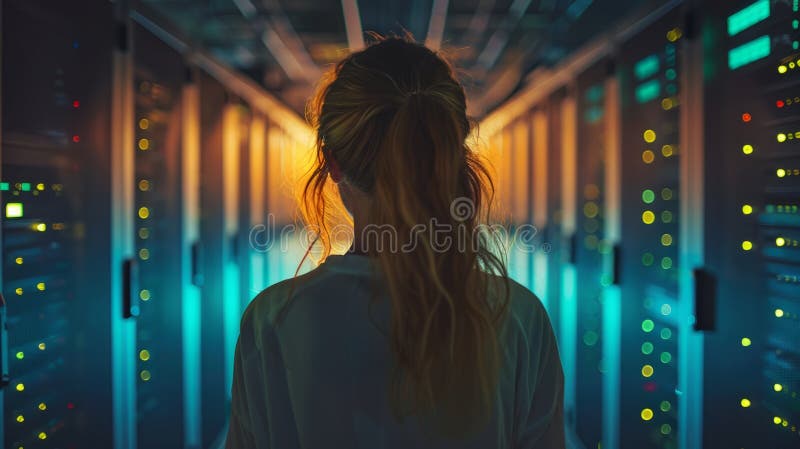 Rear View of a Female Engineer Working in Server Room at Night Stock ...