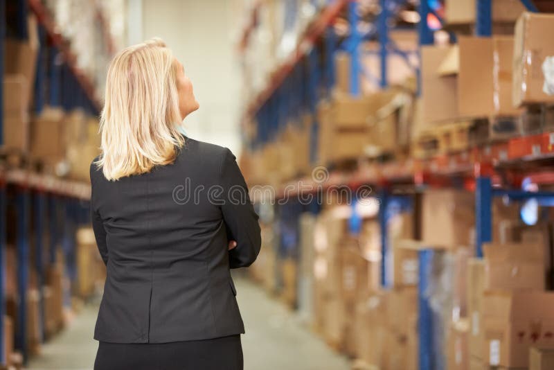 Rear View of Female Manager in Warehouse Stock Photo - Image of packing ...