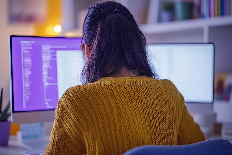 Rear View Of Female Programmer Working From Home Using Multiple 7731