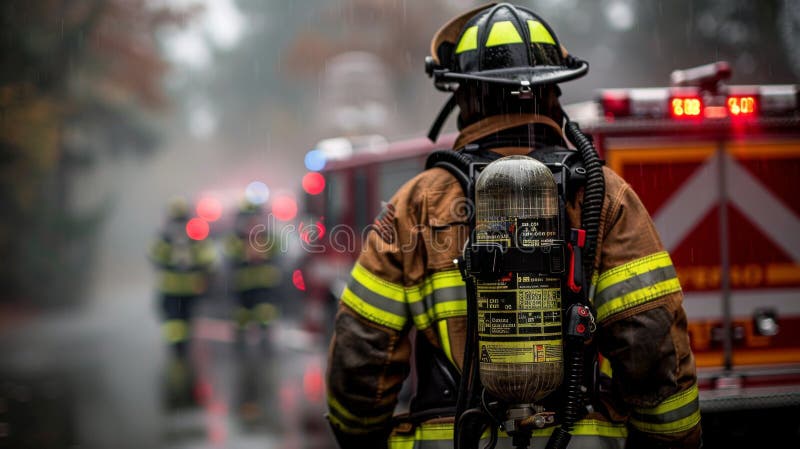 Rear View of a Firefighter with Equipment Against Emergency Vehicles ...
