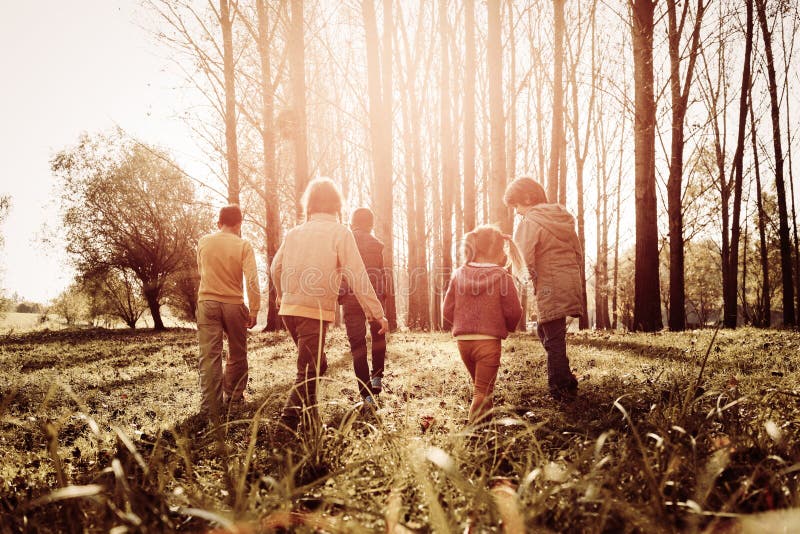 Rear View of Children Walking in the Park. Stock Image - Image of ...