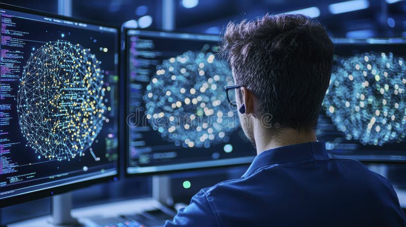 Focused Programmer At Computer Monitors With Data Visualizations Stock