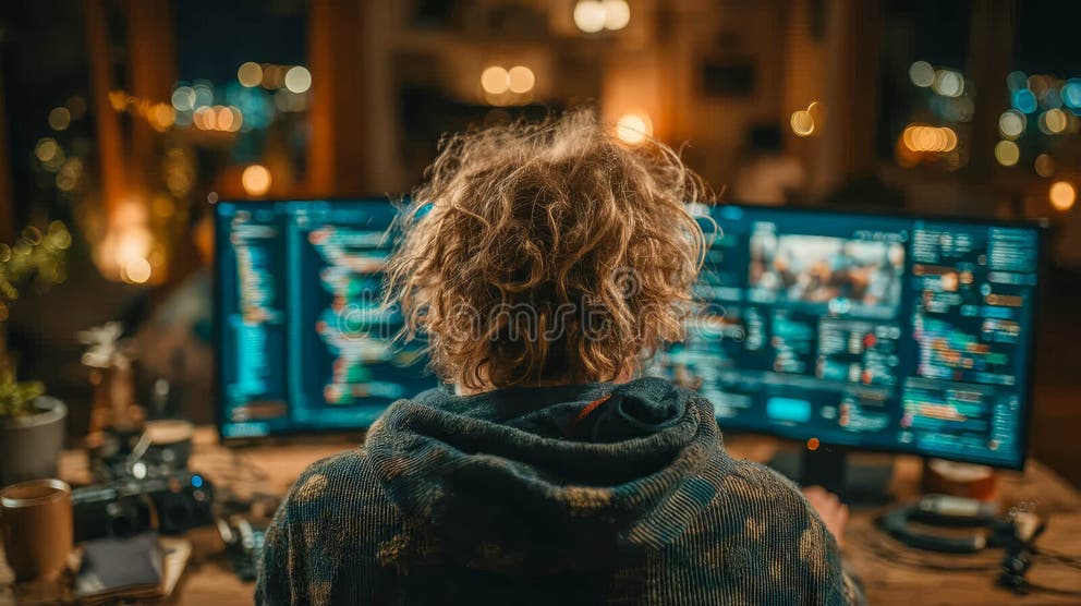 Rear View of a Focused Programmer Working on Code Across Multiple ...