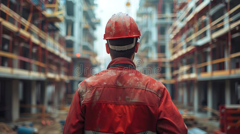 Rear View of a Foreman Overseeing Construction Site with Team Stock ...