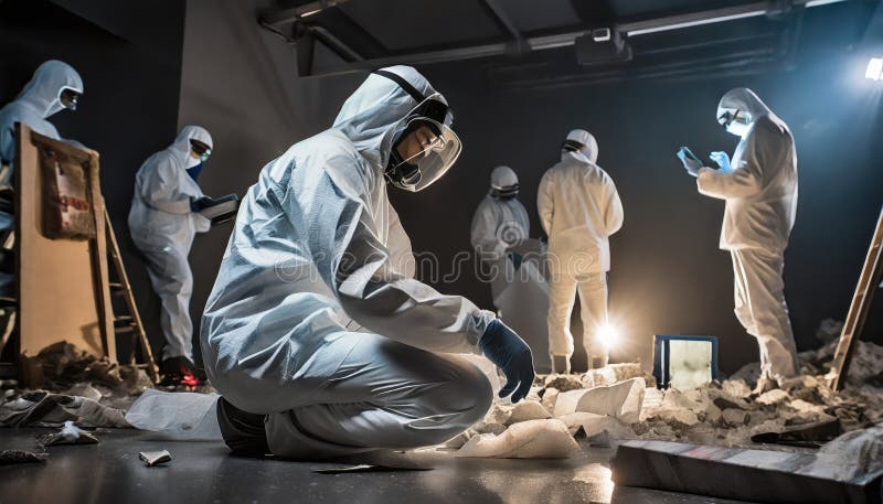 Forensic Investigators Working at a Messy Crime Scene. Generated with ...